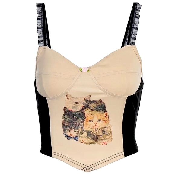 Tops | Tan Black Lace Straps Cats Cropped Corset Top | Poshmark